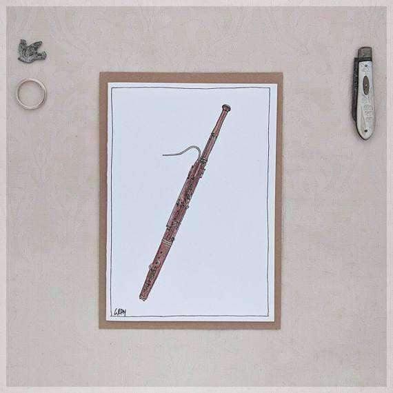 French Bassoon ~ Greeting Card featuring Watercolour & Ink Illustration ...