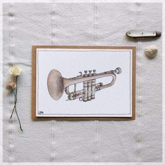 Trumpet ~ Greeting Card featuring Watercolour & Ink Illustration by ...