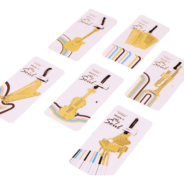 Music Themed Gold Metal Bookmark - Piano, Guitar, Trumpet, Harp and Vi ...